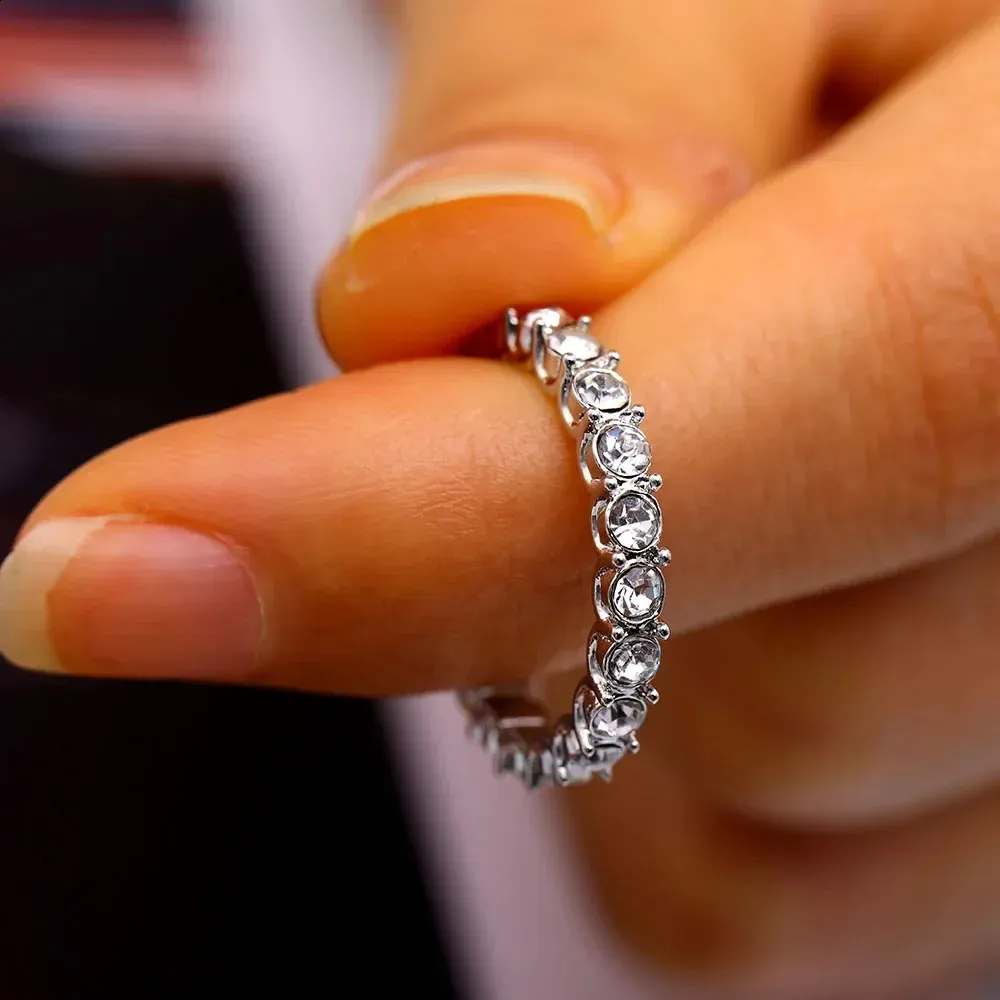 Trendy Thin Finger Ring: Silver Color Band with Shiny Cubic Zirconia ...