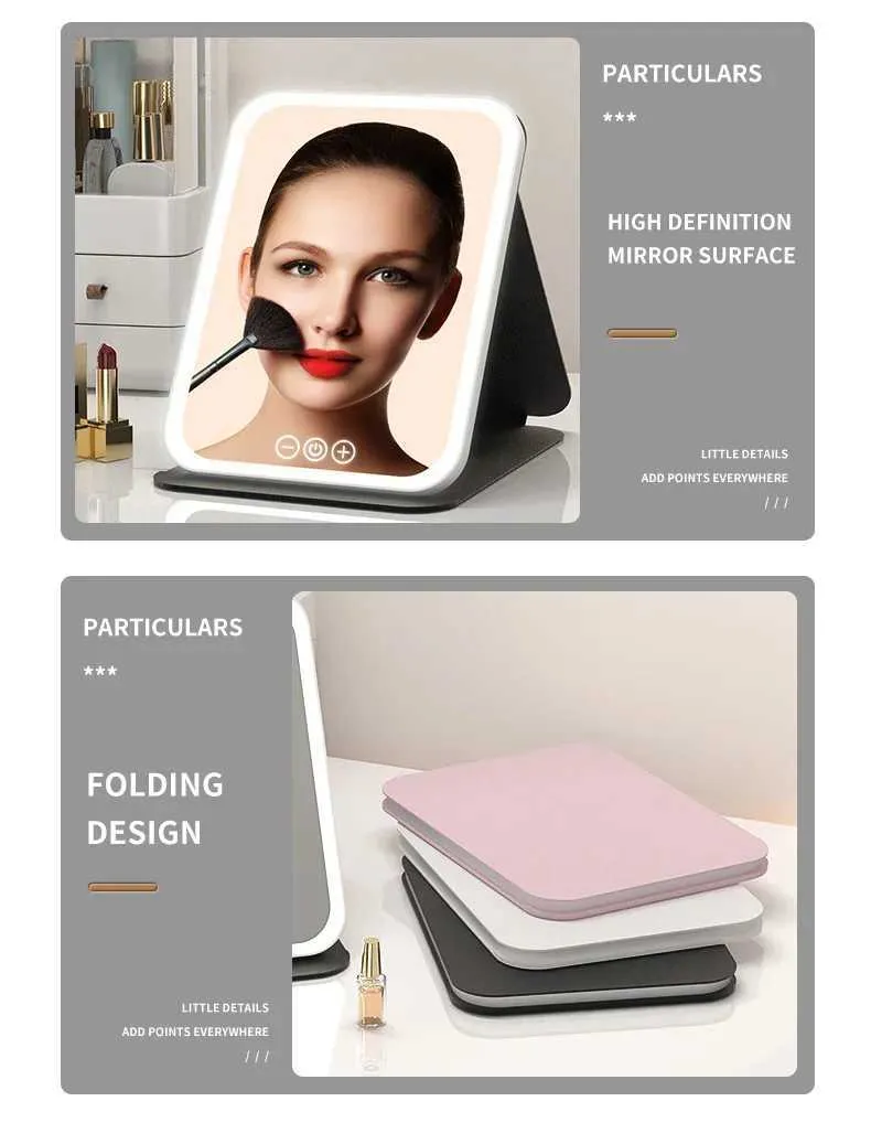Foldable LED Dimmable Makeup Mirror, Light, Adjustable Brightness, USB ...