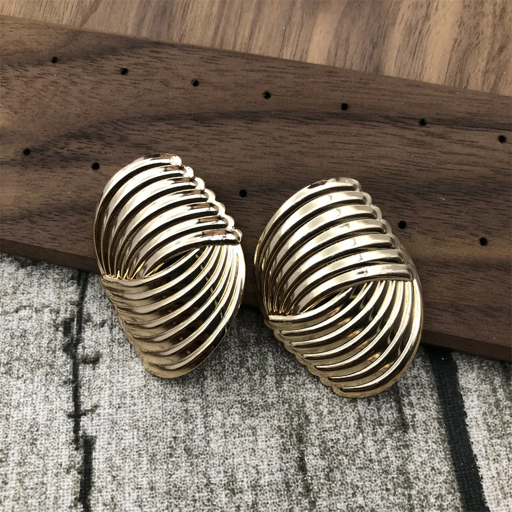 Ins Earrings Exaggerated Personality Striped Interlaced Gold Hollow Ear ...