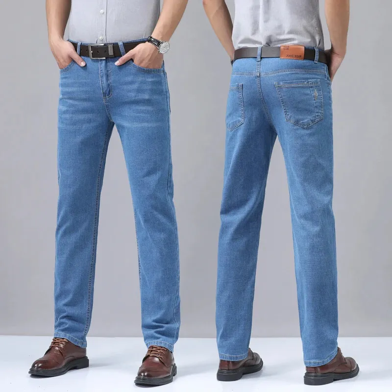 Mens Denim Jeans Thin Summer Straight Fit Business Work Trousers Soft ...