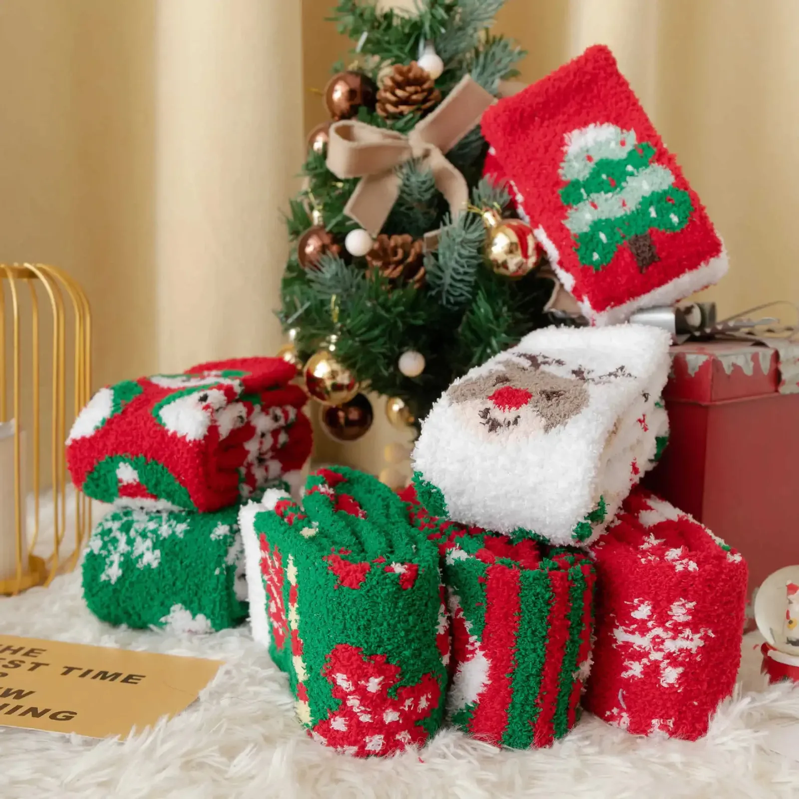 Christmas Socks for Women, Coral Fleece Winter Knee High Long Tube ...