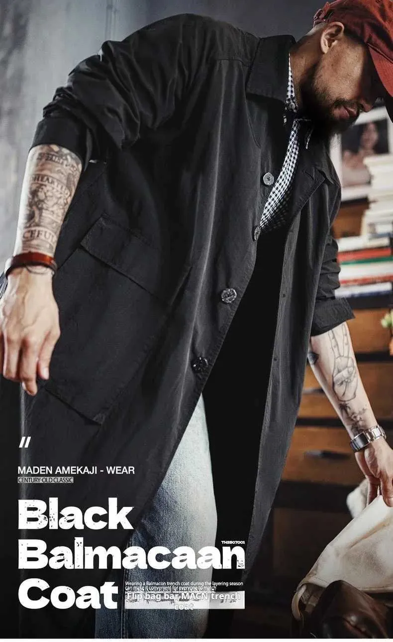 Maden Men's Black Balmacaan Coat Single-Breasted Collar Mid-Length ...