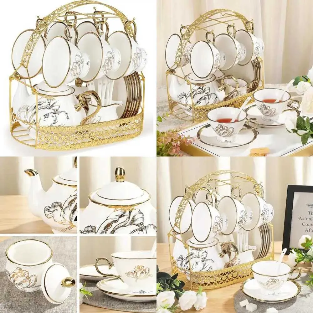 Gold Tulip British Porcelain Vintage Coffee Tea Set With 6 Cups And ...