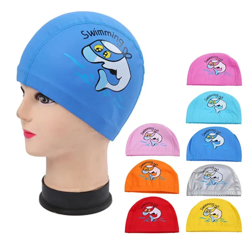 Kids Swimming Caps Waterproof PU Fabric Cute Dolphin Cartoon Swim Hat ...