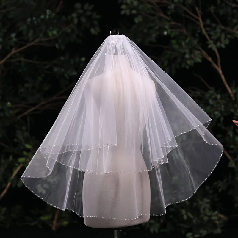 Beaded Edge Two-Layer Elbow Length Wedding Veil in White Ivory ...