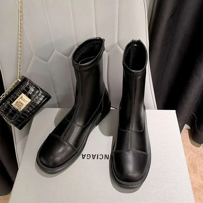 Full Grain Leather Short Cut Slim Low Heel Women Boots with Back Zipper ...