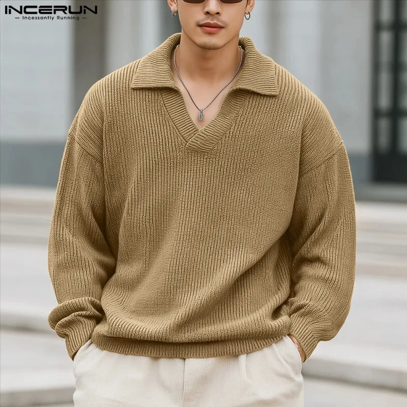 Incerun Men's Solid Lapel Long Sleeve Knitted Pullover Streetwear ...