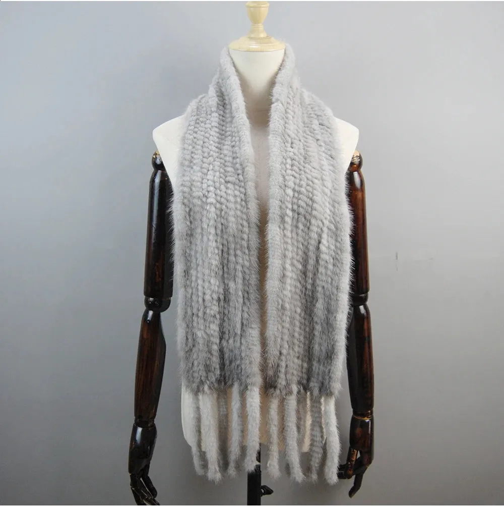 2025 Women's 100% Real Mink Fur Scarf with Tassel, Hand-Knitted Natural ...