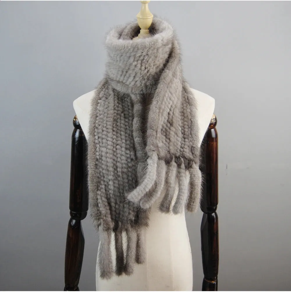 2025 Women's 100% Real Mink Fur Scarf with Tassel, Hand-Knitted Natural ...