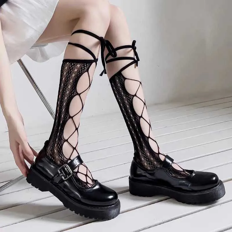 Black Bandage Stockings Gothic Sexy Fishnet Thigh High Mesh Tights ...