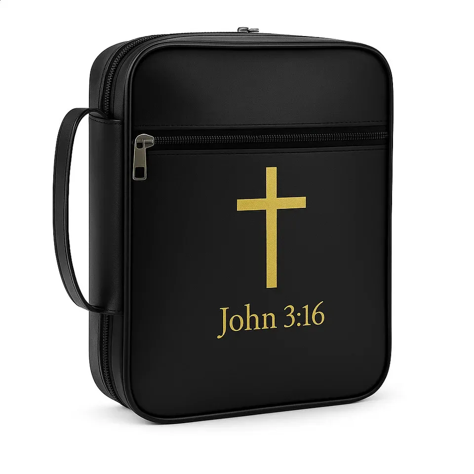 Black Leather Bible Cover With Handle Zipper Pocket Large Capacity ...