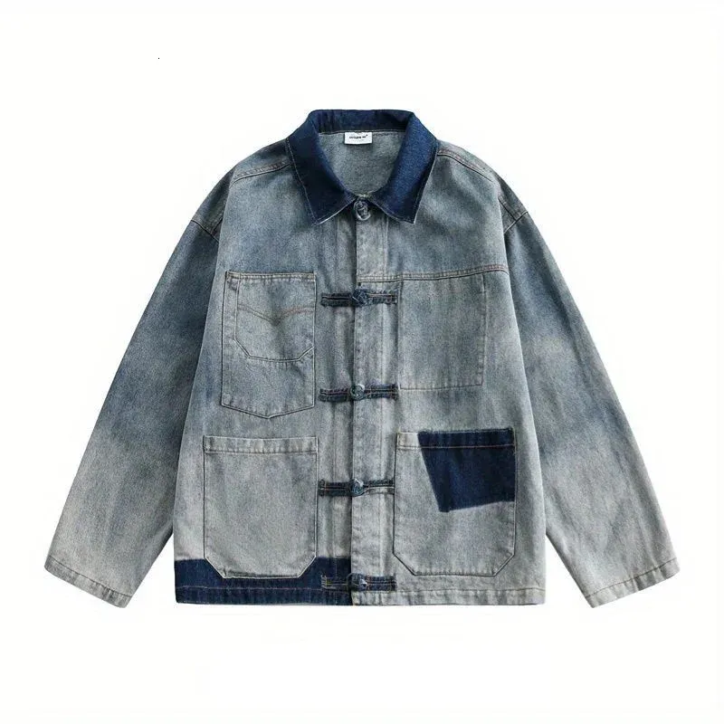 Retro Chinese Style Distressed Denim Jacket with Frog Buttons, Unisex ...