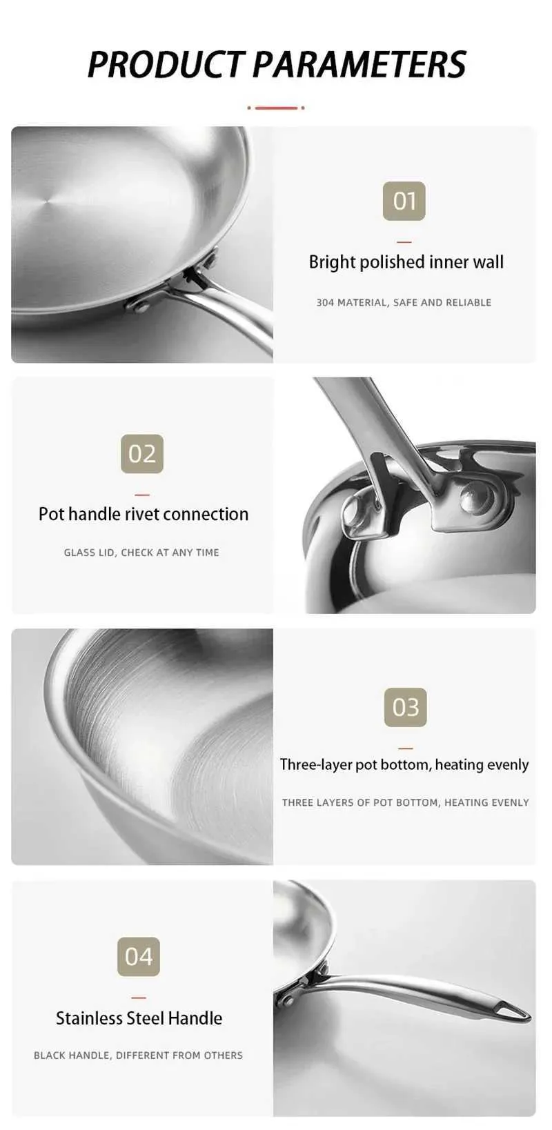 304 Stainless Steel Skillet, Uncoated Non-Stick Frying Pan, 3-Layer ...