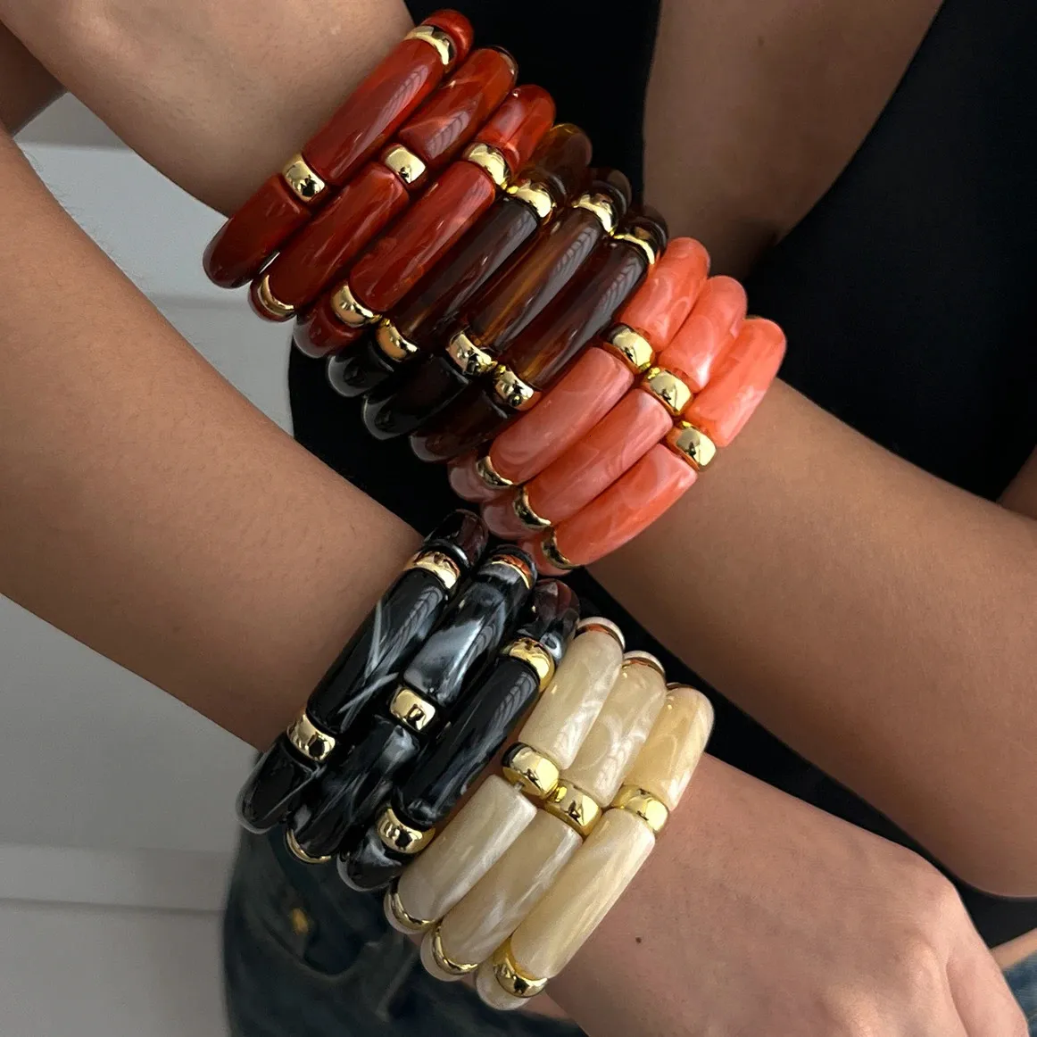 Shixin Bohemian Colorful Acrylic Bamboo Tube Beads Bangles Set for ...