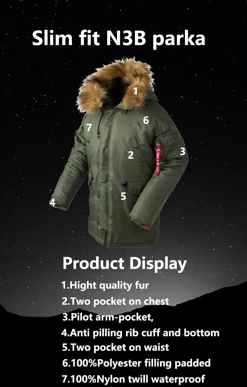 2025 Winter N3B Puffer Long Coat for Men, Military Fur Hood, Warm ...
