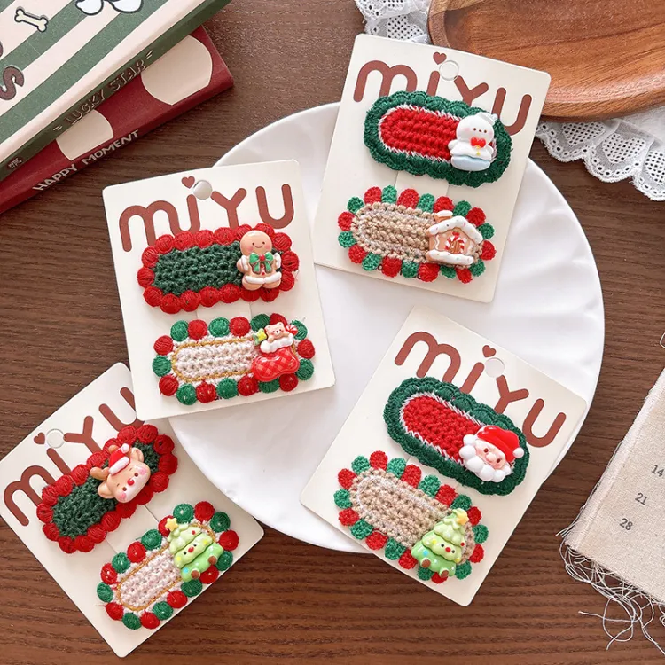 M4346 Cute Crochet Wool Hair Bows Baby Christmas Hair Clips Kids Santa ...
