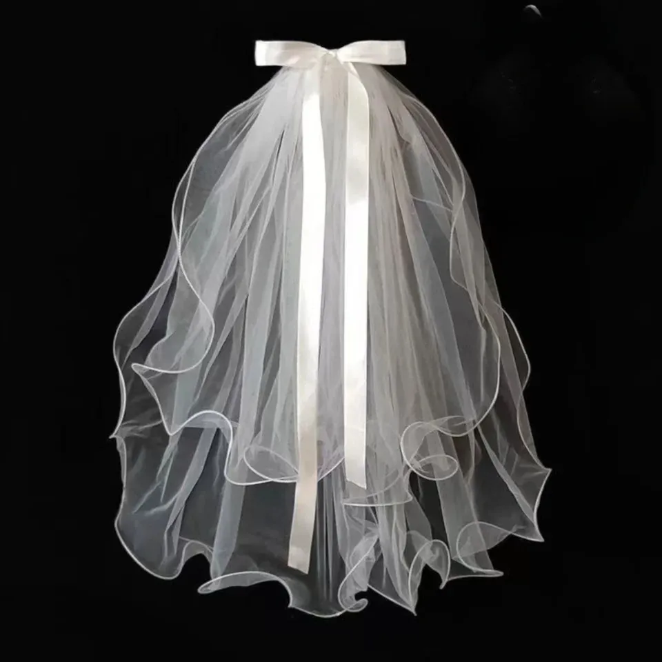 Short Two Layer Lace Edge Bridal Bow Veil In White Elegant Tulle ...