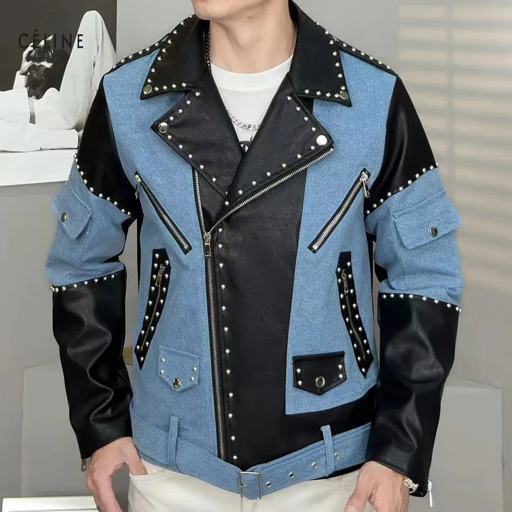 Punk Club Outfit Leather Jacket - Black and Blue Patchwork Rivet ...
