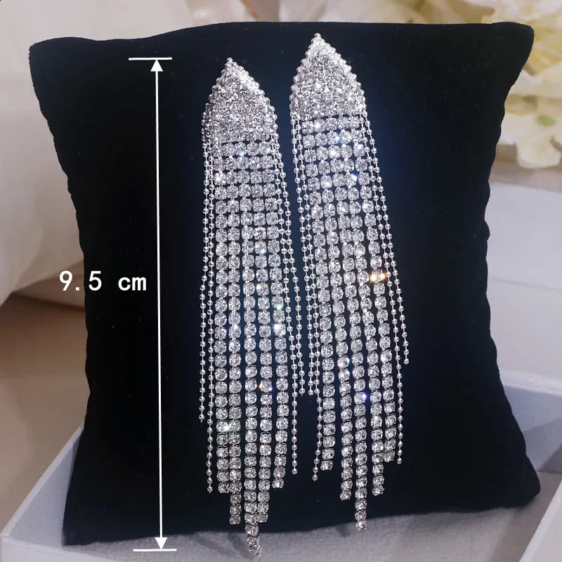 Full Rhinestone Crystal Long Tassel Earrings for Women, Bridal Wedding ...