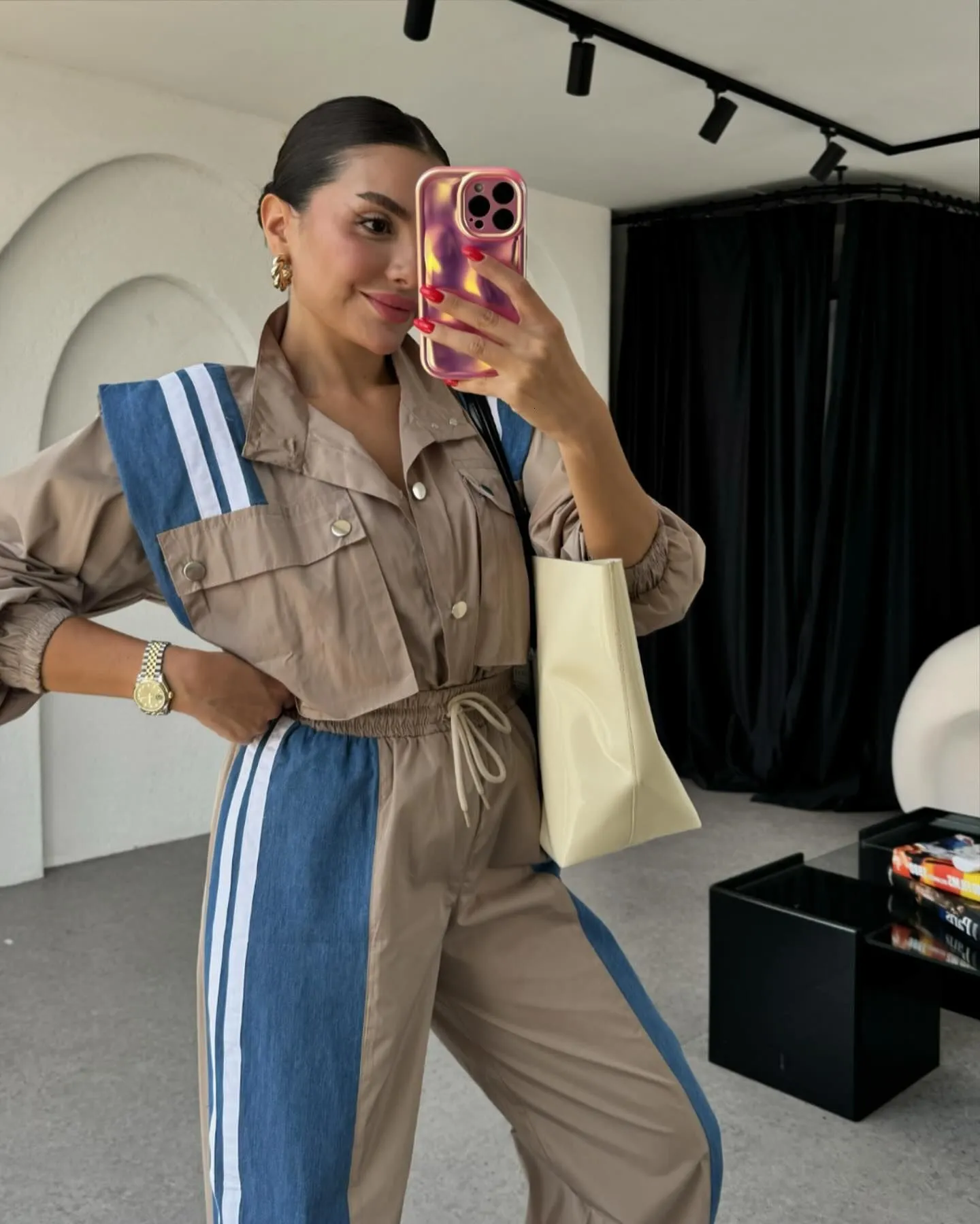 Unique Designer Two-Piece Set: Women's High-End Denim Patchwork Striped ...