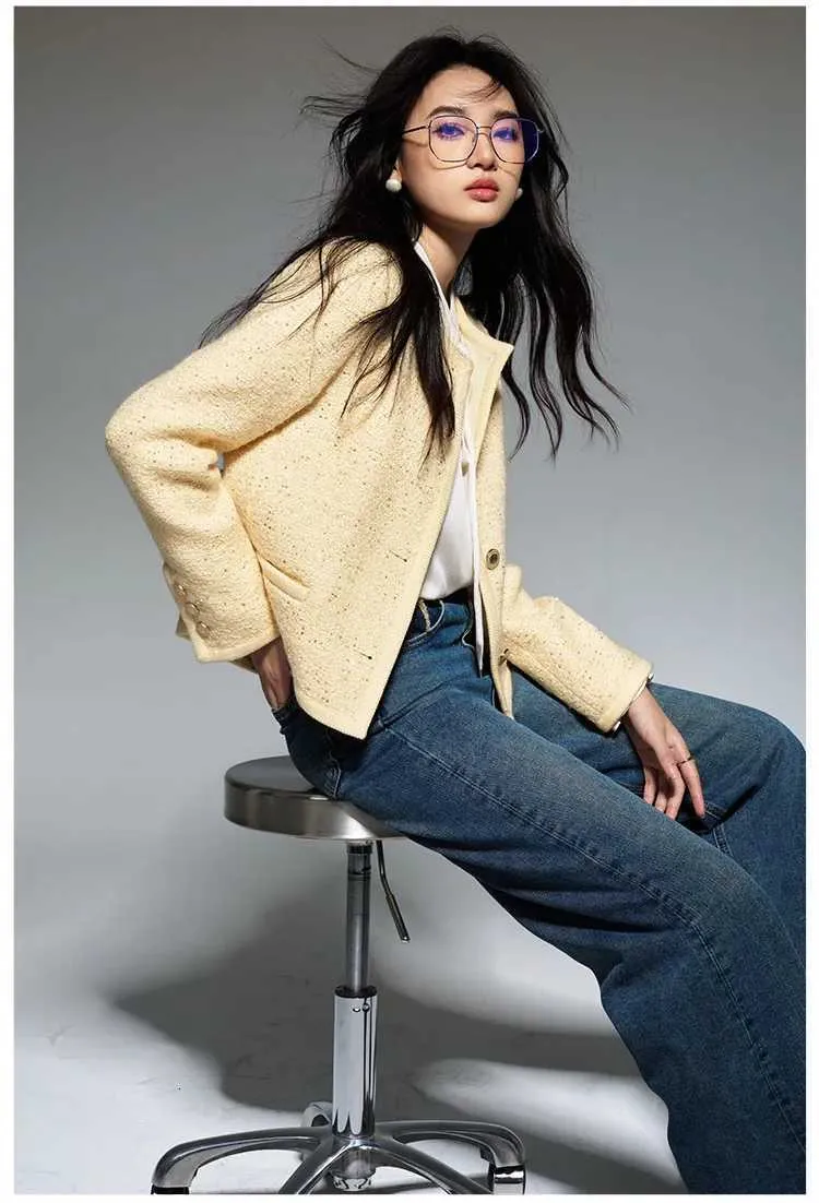 Spring Autumn Yellow Tweed Jacket Wool Beaded Women's Top Coat from ...