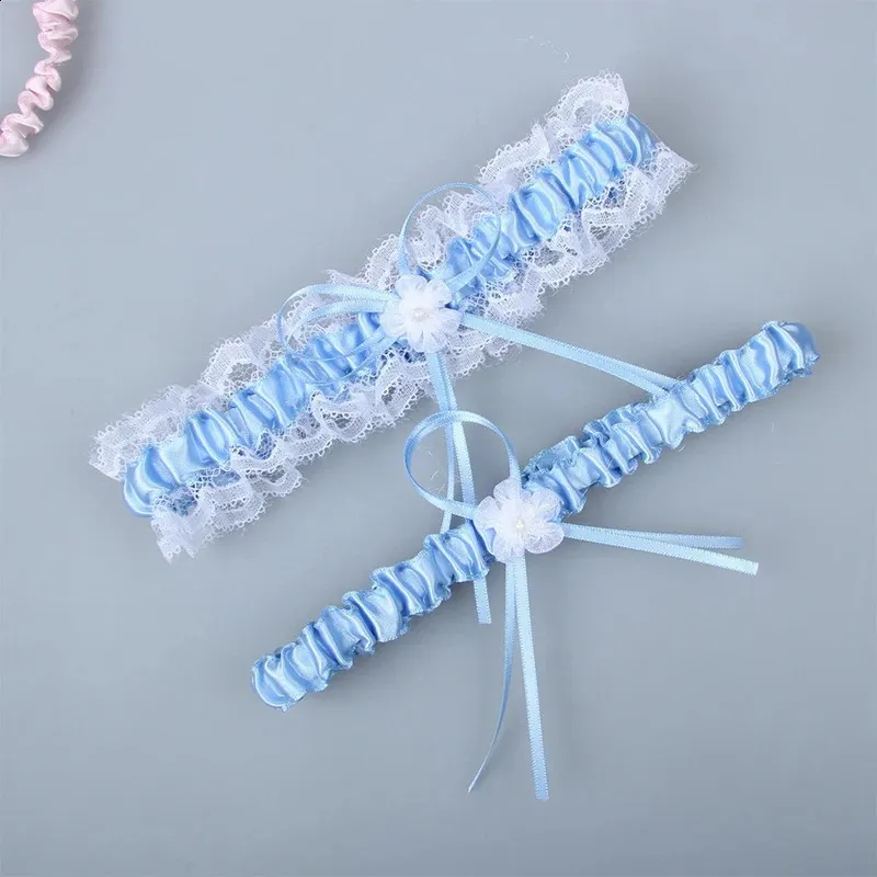 2 Pack Blue & White Lace Wedding Garters With Bow And Flower Accents ...