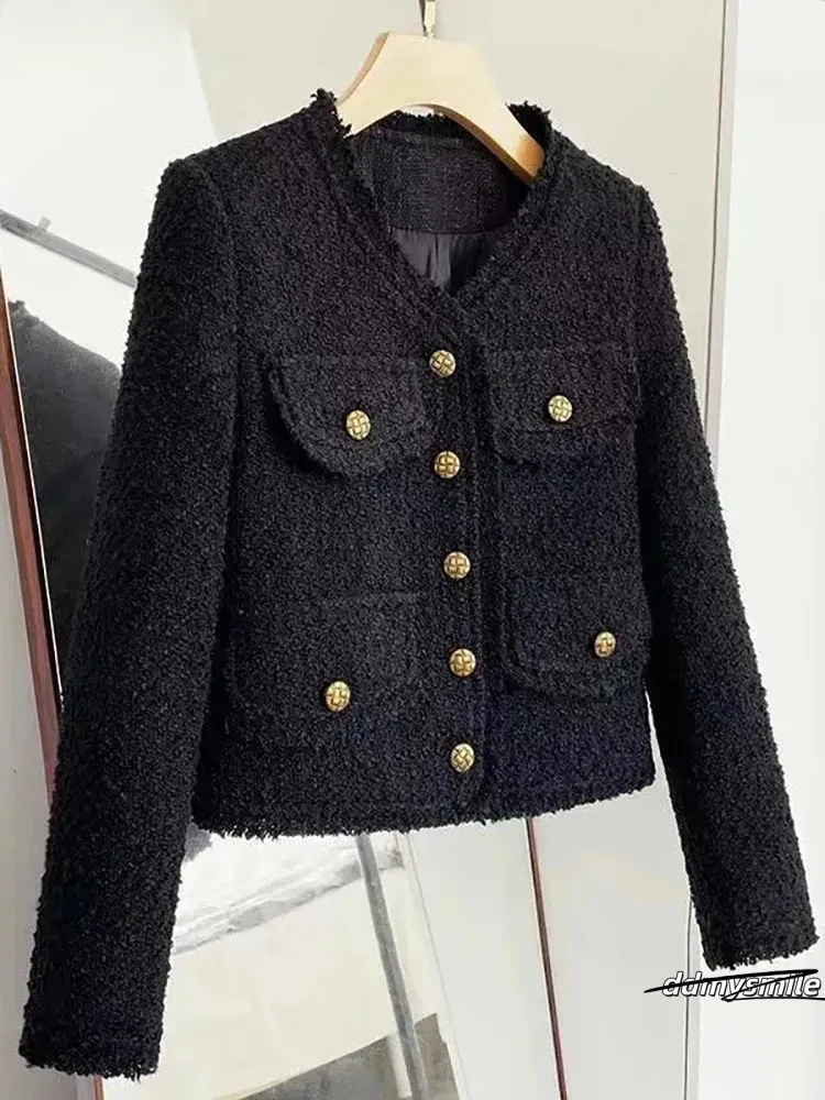 Ladies' Elegant Short Tweed Jacket: Autumn Winter Woolen Cropped Black ...