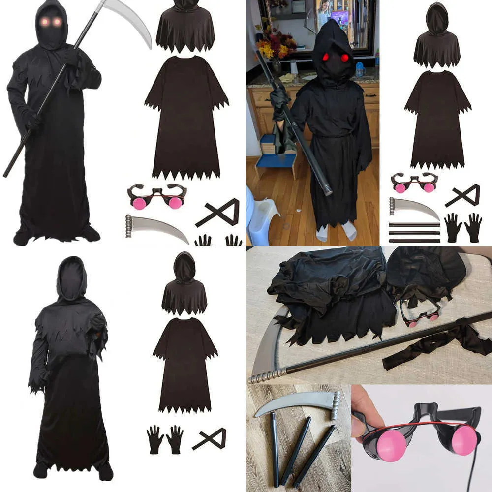 Halloween Grim Reaper Wizard Robe Cosplay With Glow Red Eyes And Death ...
