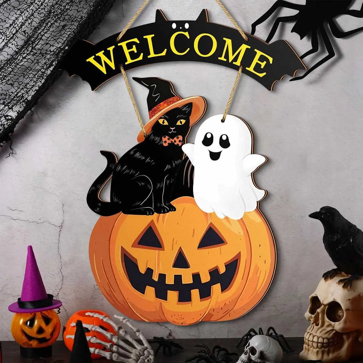 Halloween Welcome Sign Cat Ghost And Pumpkin Door... From ...
