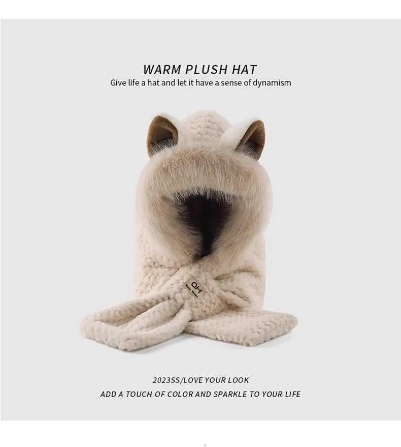 Cute Ears Baotou Ear Protection Winter Warm Hat Collar Scarf Integrated ...