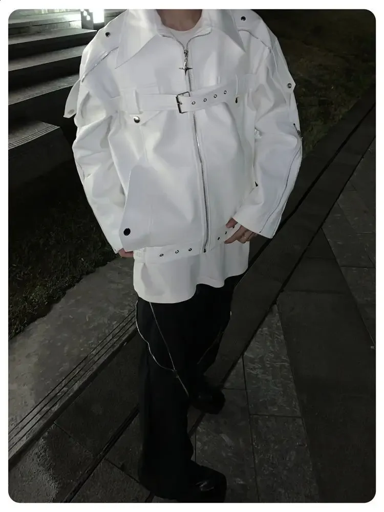 Gmiixder Leather Jacket: American Retro High Street White Coat, Men's ...