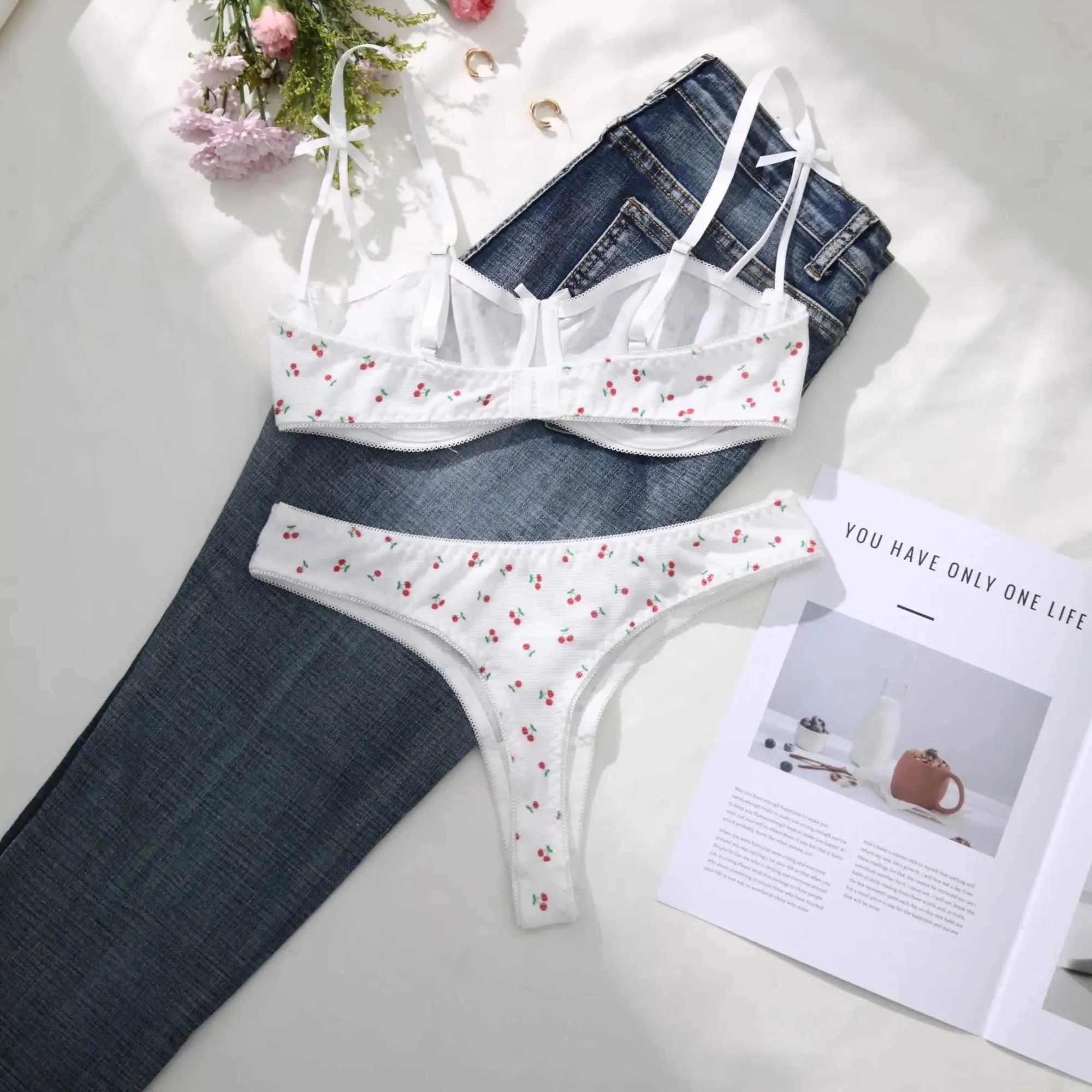 Ladies' Summer 2-Piece Casual Bra Set: Stripe Cherry Print Comfortable ...