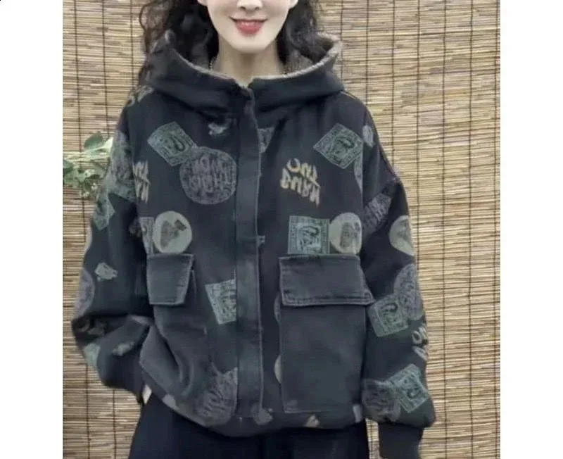 Winter Denim Overcoat For Women Hooded Lined Acetate Denim Coat Jacket ...