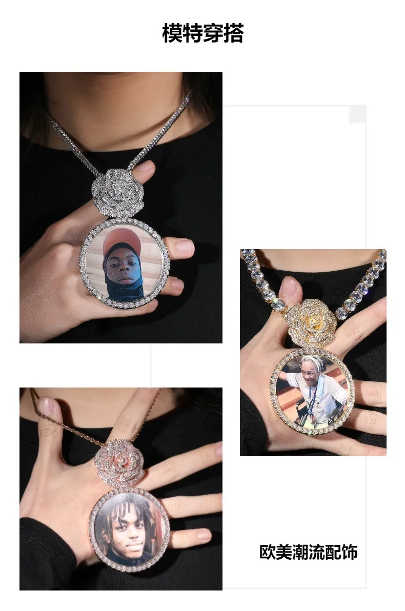 Hip Hop Necklace with Rose Flower Buckle Head Oversized Round Photo ...