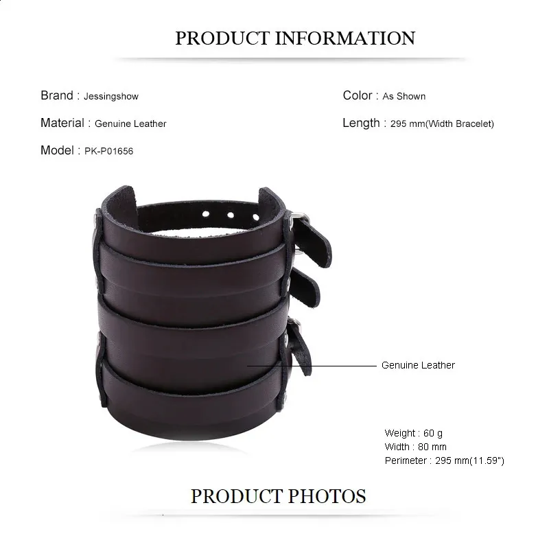 Jessingshow 80mm Width Genuine Leather Adjustable Wrap Bracelet for Men ...