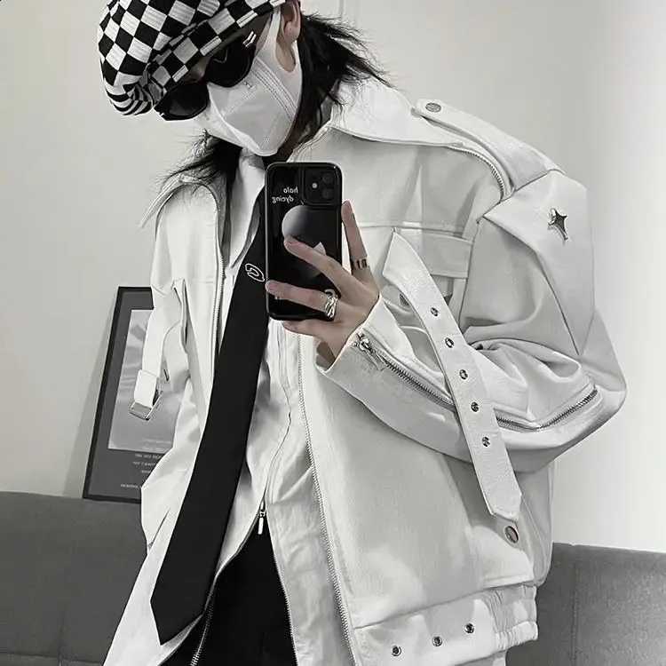 Gmiixder Leather Jacket: American Retro High Street White Coat, Men's ...