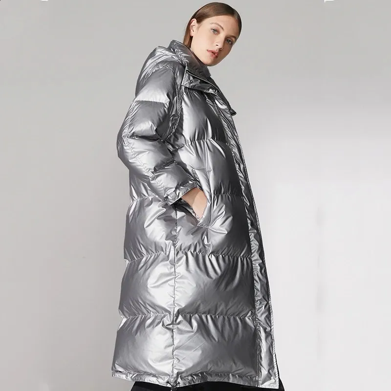 Winter Glossy Bright Silver Thicker Warm Duck Down Coat for Women ...