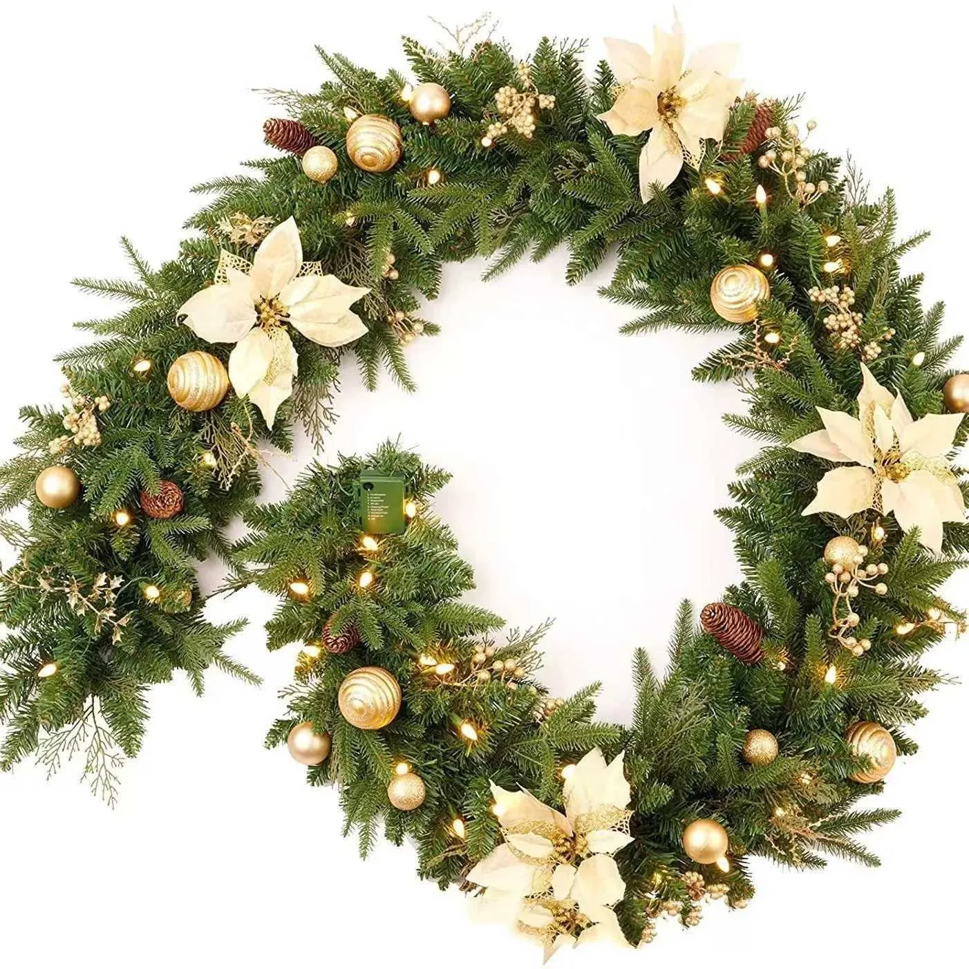 Christmas Rattan Ball Pinecone Garland With LED Light, Festival Wreath ...