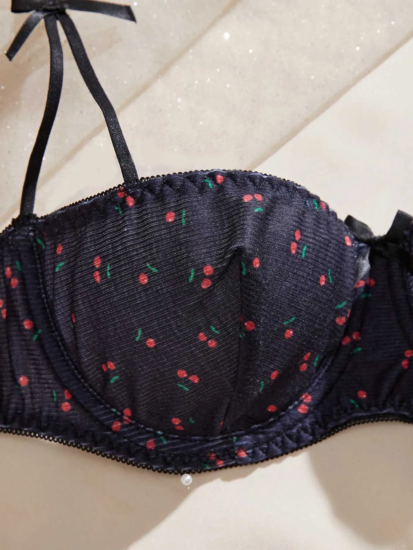 Ladies' Summer 2-Piece Casual Bra Set: Stripe Cherry Print Comfortable ...