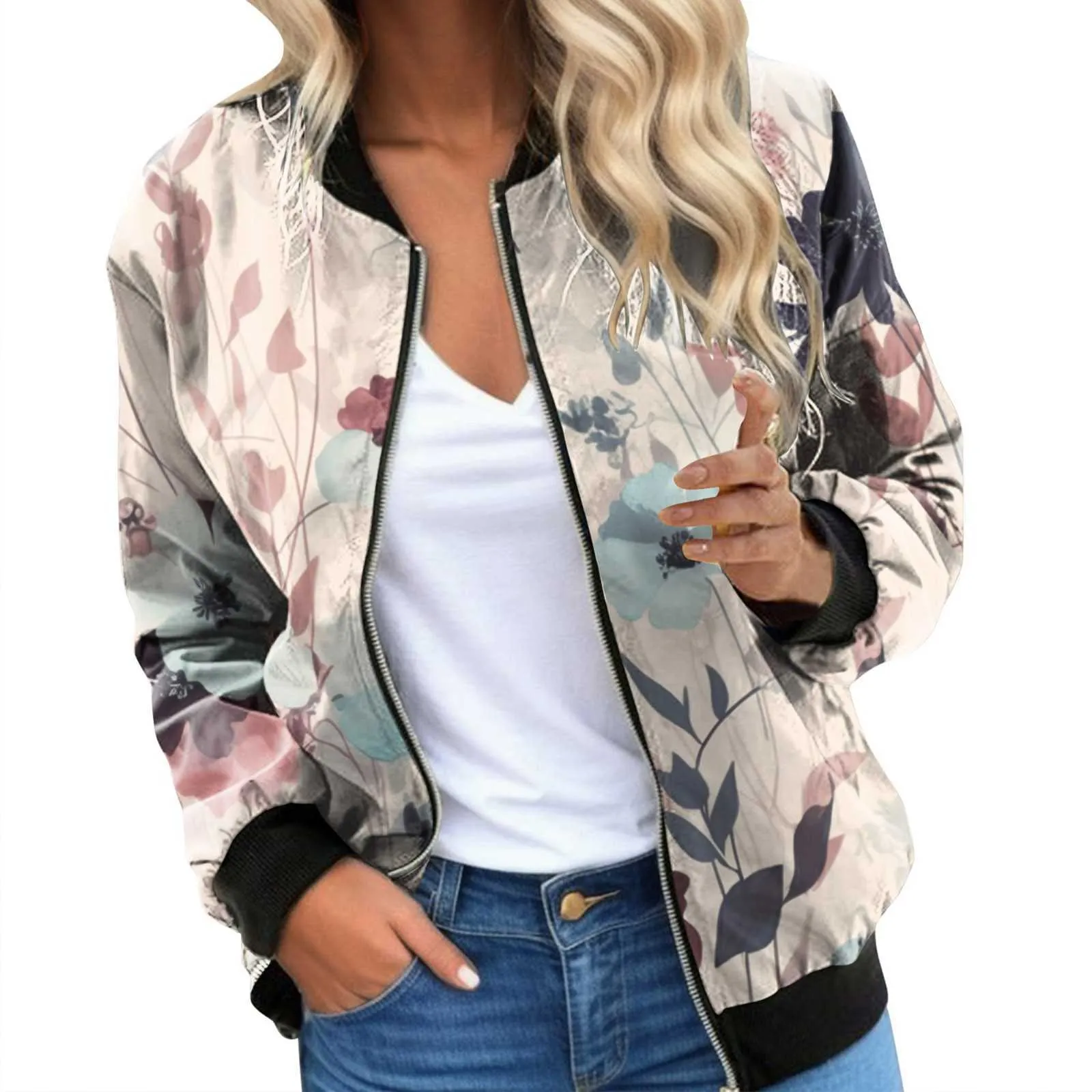 Vintage Floral Printed Jacket for Women, Elegant Zipper Bomber Jacket ...