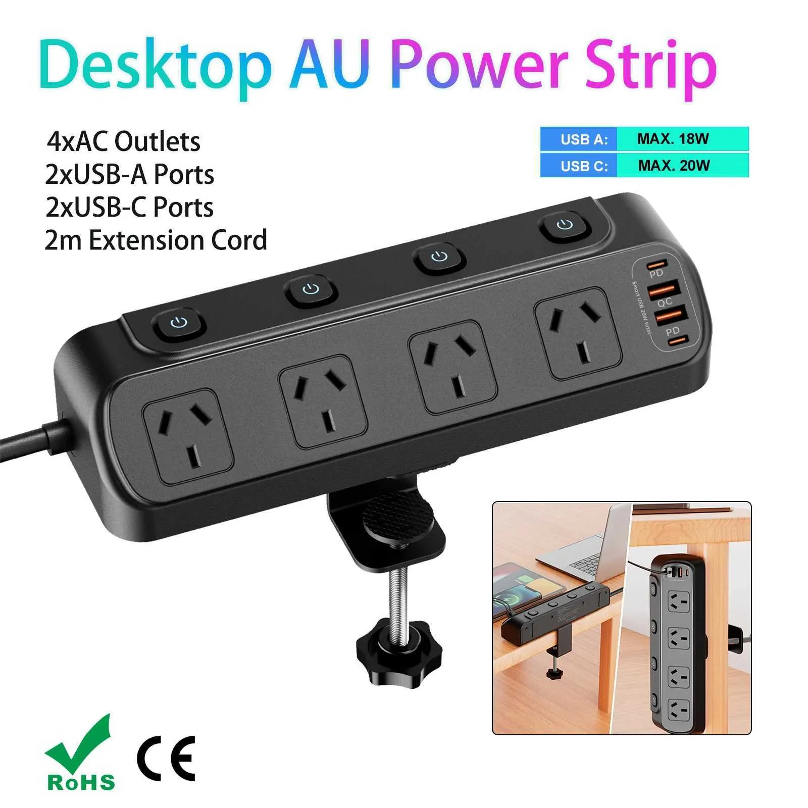 AU Plug Desk Clamp Power Board with 4 AC Outlets, 2 USB-A, 2 USB-C ...