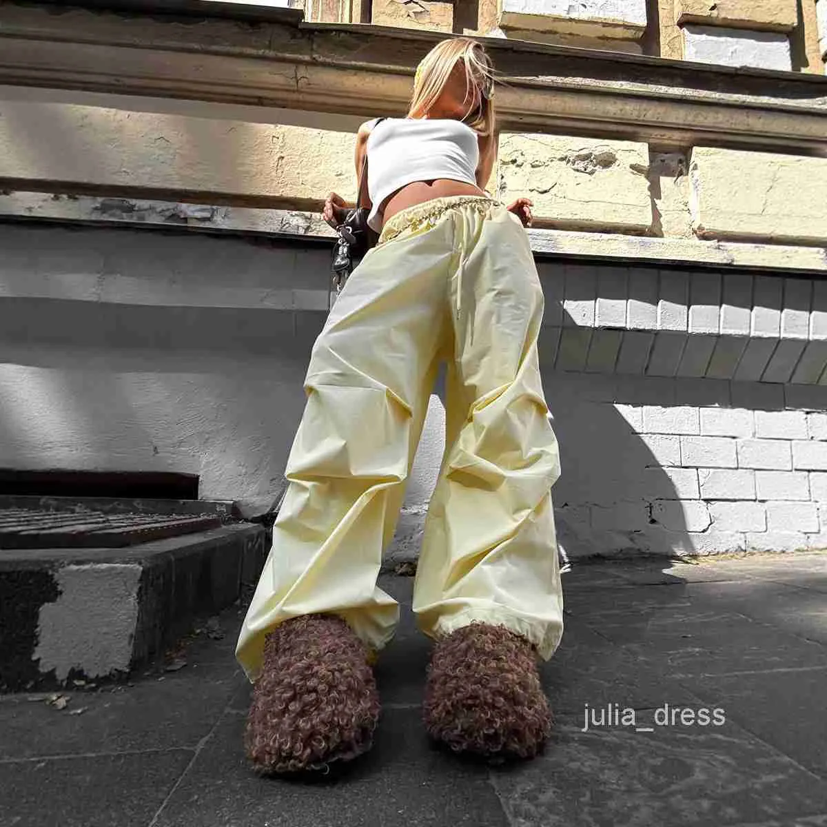 Yellow Wide-Leg Pants for Women, Autumn Low-Waist Drawstring Work Pants ...