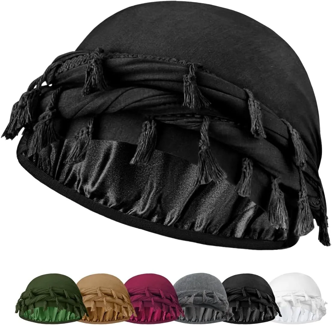 Adjustable Satin-Lined Halo Head Wrap: Twisted Tassel Sleep Cap Beanie ...