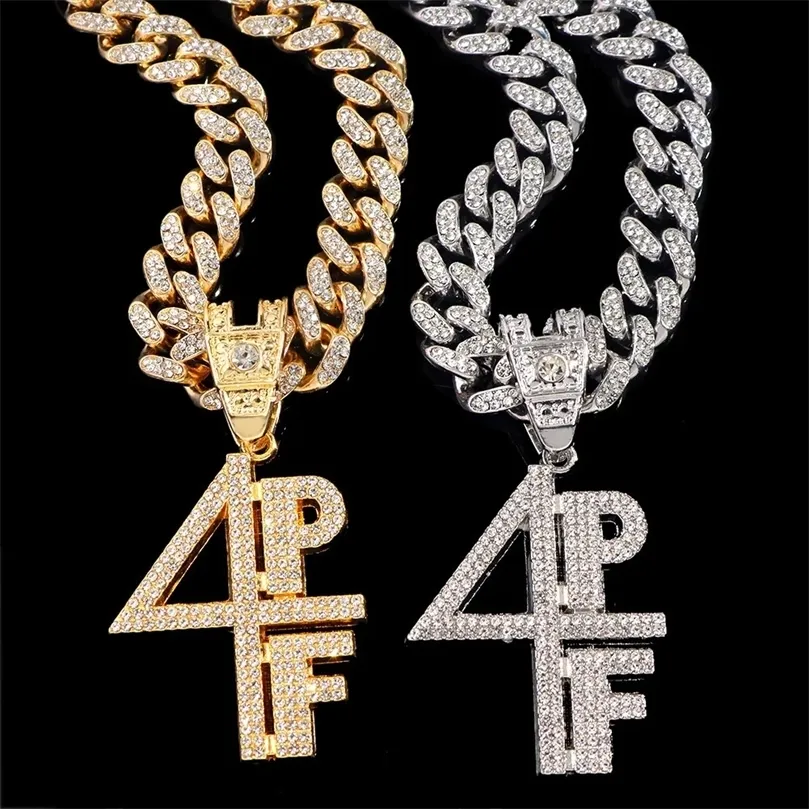 Hip Hop Cuban Chain Necklace Iced Out Crystal 4PF Letter Pendant Zircon ...