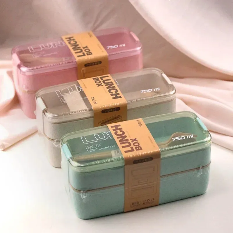 Double-Layer Wheat Straw Lunch Box with Spork, Portable Heating, Grid ...