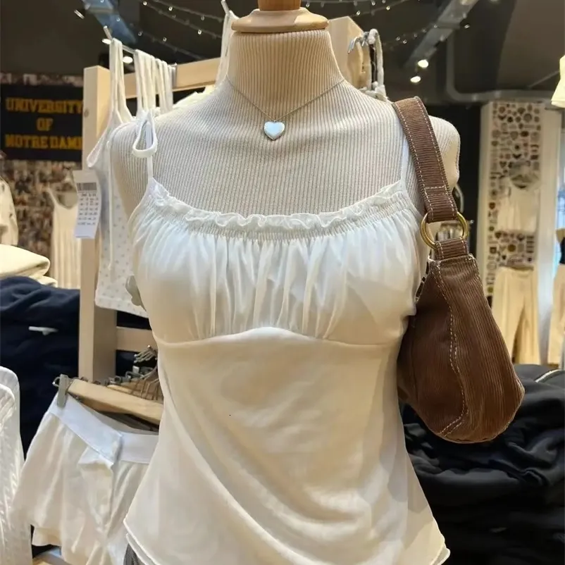 Vintage Lace-Up Folds Mesh Tank Top: Women's Summer White Sexy ...