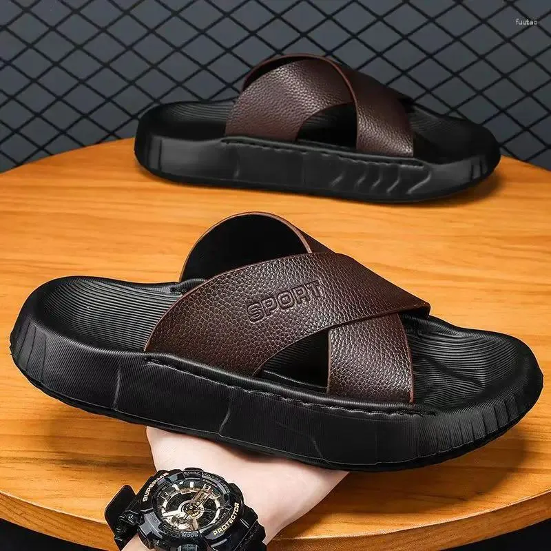 Men's Leather Summer Slippers Men's With Thick Non Slip Sole And Anit ...