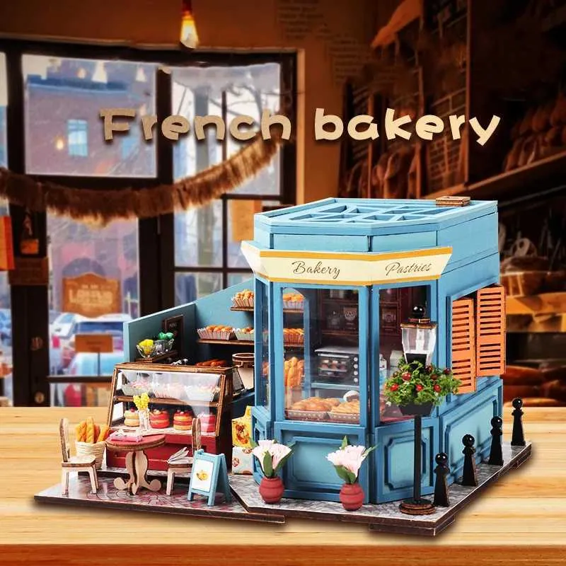 DIY Wooden Dollhouse Miniature French Bakery Hair Salon With Furniture ...