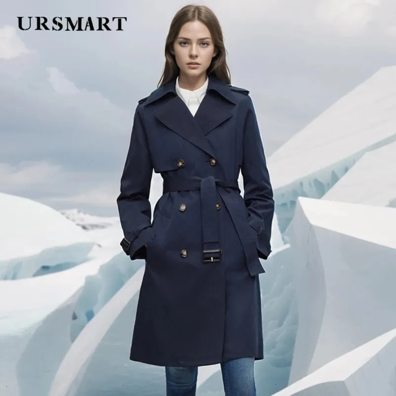 Navy Blue Double Breasted Women's Trench Coat - Slim Fit, Ruffled Waist ...