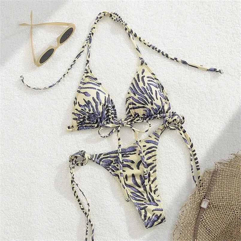 String Halter Triangle Bikini Set Leopard Print Micro Thong Swimwear ...